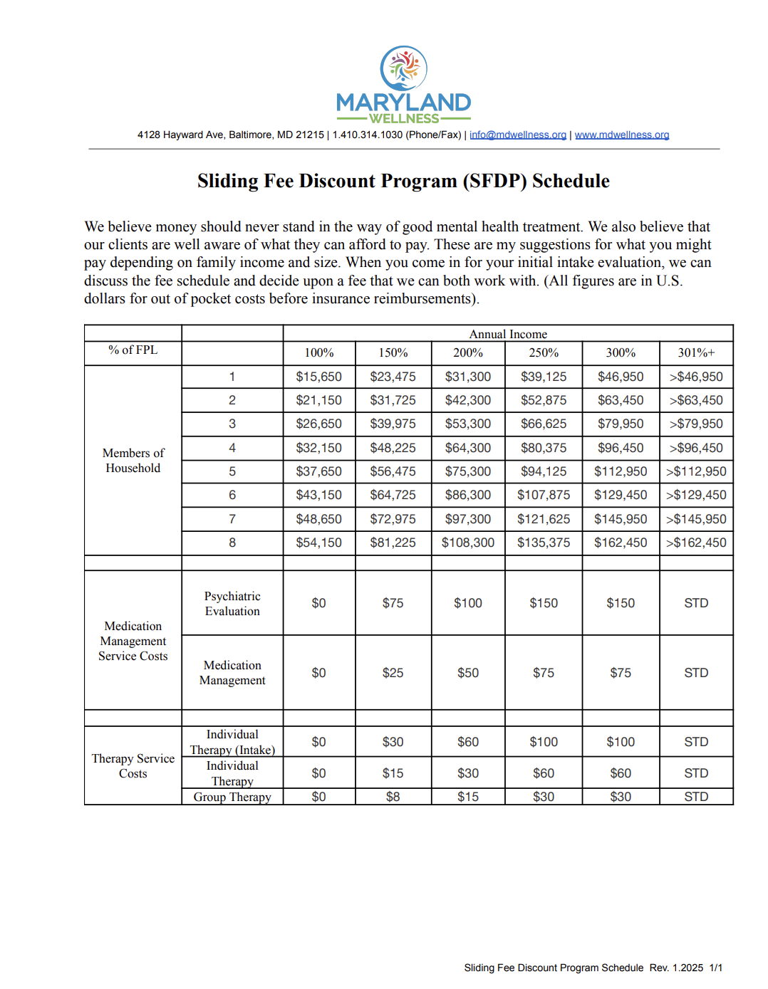 Sliding Fee Scale | Maryland Wellness